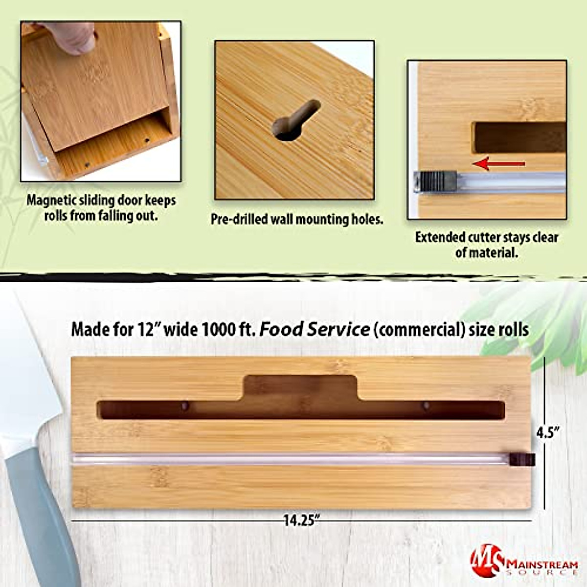 Mainstream Source® Large Bamboo Wrap Dispenser for 1000ft 12in Rolls – Extra Thick Foil and Plastic Wrap Organizer with Cutter & Labels, Works as Foil, Plastic Wrap, Parchment, or Wax Paper Holder