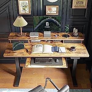 FEZIBO Standing Desk with Drawers, Adjustable Height Desk with Keyboard Tray, Stand Up Desk with Storage Shelf, 48 x 24 Inchs, Rustic Top