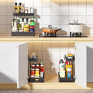 TidyLamu 2 Pack Under Sink Organizers and Storage, 2 Tier L-Shape Pull Out Under Cabinet Organizer, Black Under Bathroom Kitchen Sink Organizer with Drawer for Under Counter Storage Organizer