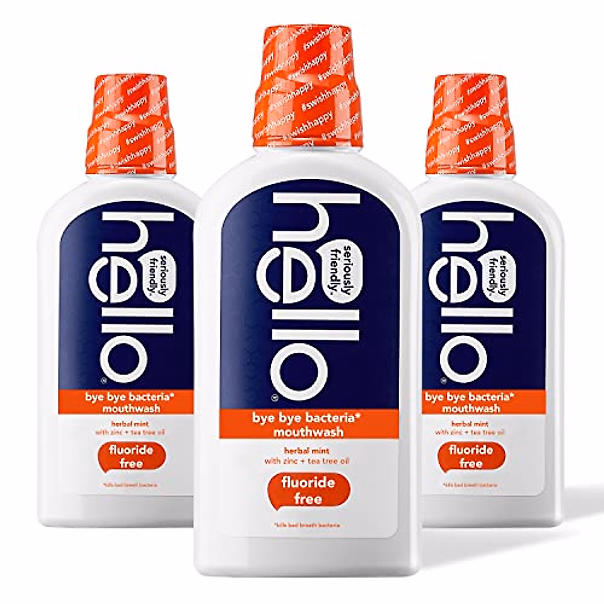 Hello Bye Bye Bacteria Oral Rinse Mouthwash, Alcohol Free Mouthwash for Bad Breath with Tea Tree Oil and Zinc, Multipack, No Alcohol, No Dyes, Vegan, Herbal Mint Flavor, 3 Pack, 16 OZ Bottles