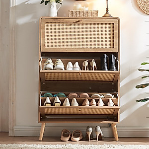 Anewome Rattan Shoe Cabinet with 3 Flip Drawers, 24 Pairs Shoe Storage Cabinet for Entryway Freestanding Hidden Shoe Rack with Drawers Slim Shoe Organizer for Hallway, Living Room, Natural
