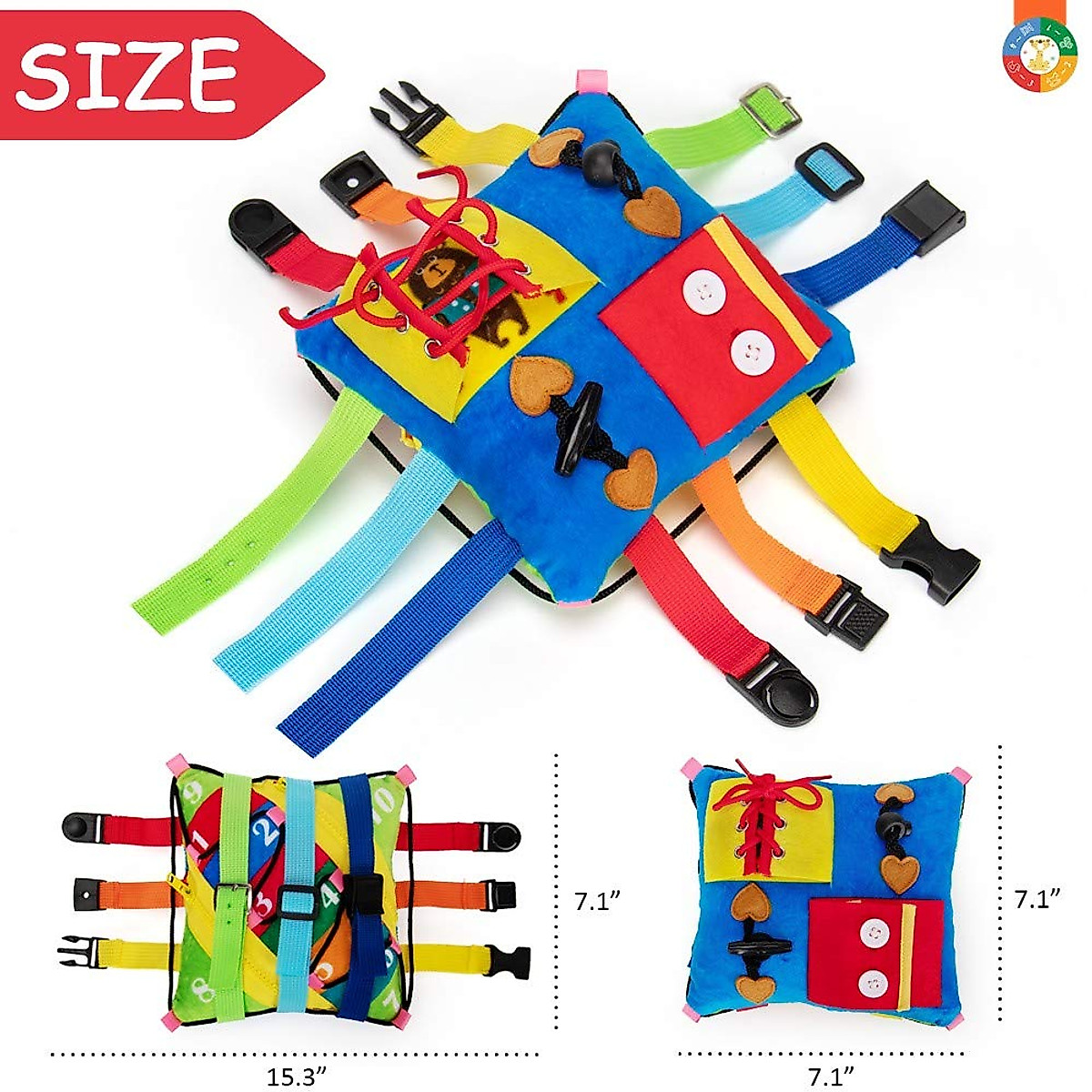 teytoy Sensory Buckle Pillow for Toddler Children Learning Fine Motor Skill & Problem Solving Buckles Educational, Montessori Fidgets Travel Toy for Kids Plush Threading Counting Zipper-12 Basic Skill