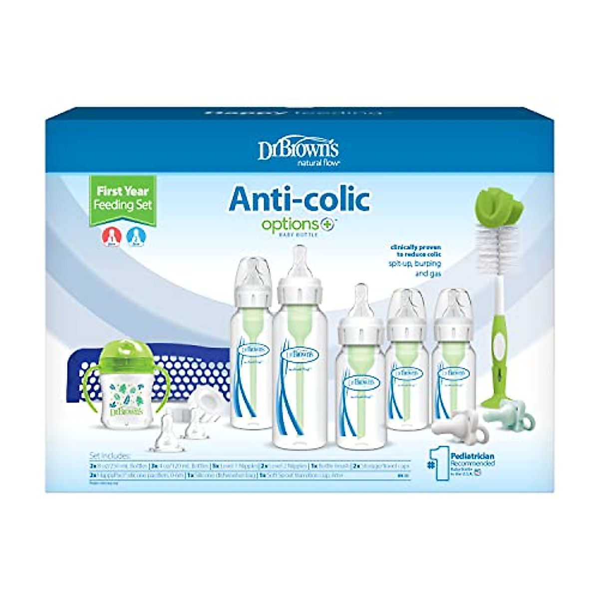 Dr. Brown's Natural Flow Baby Feeding Set with Anti-Colic Bottles, Transition Cup, Brush, and Silicone Pacifiers