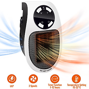 throihg Top Heat Plug in Heater for Indoor Use, 2pc 500W Smart Space Electric Fan Heater Wall Outlet with Adjustable Thermostat and Timer and Led Display, Portable Heater