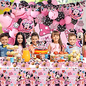 Mouse Birthday Party Supplies, Mouse Party Decorations, Pink Mouse Birthday Decorations Includes Happy Birthday Banner, Balloons, Stickers, Backdrop, Pink Tableware, Hanging Swirls