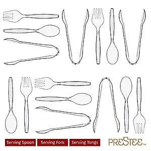 Prestee 15 Piece Transparent Plastic Disposable Serving Utensils Set - 10" Spoons, Tongs, Forks - Disposable Serving Trays and Platters for Kitchen Dining, Buffet Cutlery Sets, Serving Trays (15pk)