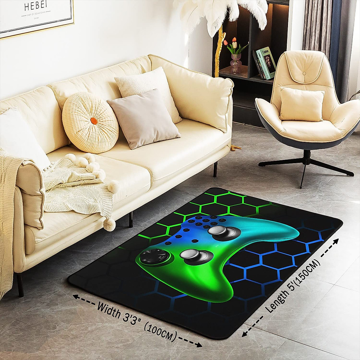 Gamer Area Rug 3'x5' Gaming Honeycomb Blue Green Rugs Mat for Living Room Bedroom Game Room Decor Grey Decor Gamepad Carpet Non Slip Modern Game Console Controller Area Runner Rug