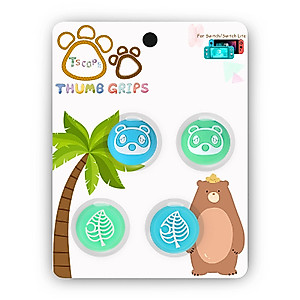 Tscope Cute Thumb Grip Caps for Nintendo Switch/Lite/OLED Controller, for Animal Crossing Kawaii Leaf Joystick Analog Soft Silicone Button Stick Covers for NS Joy Cons (Leaf Raccoon)