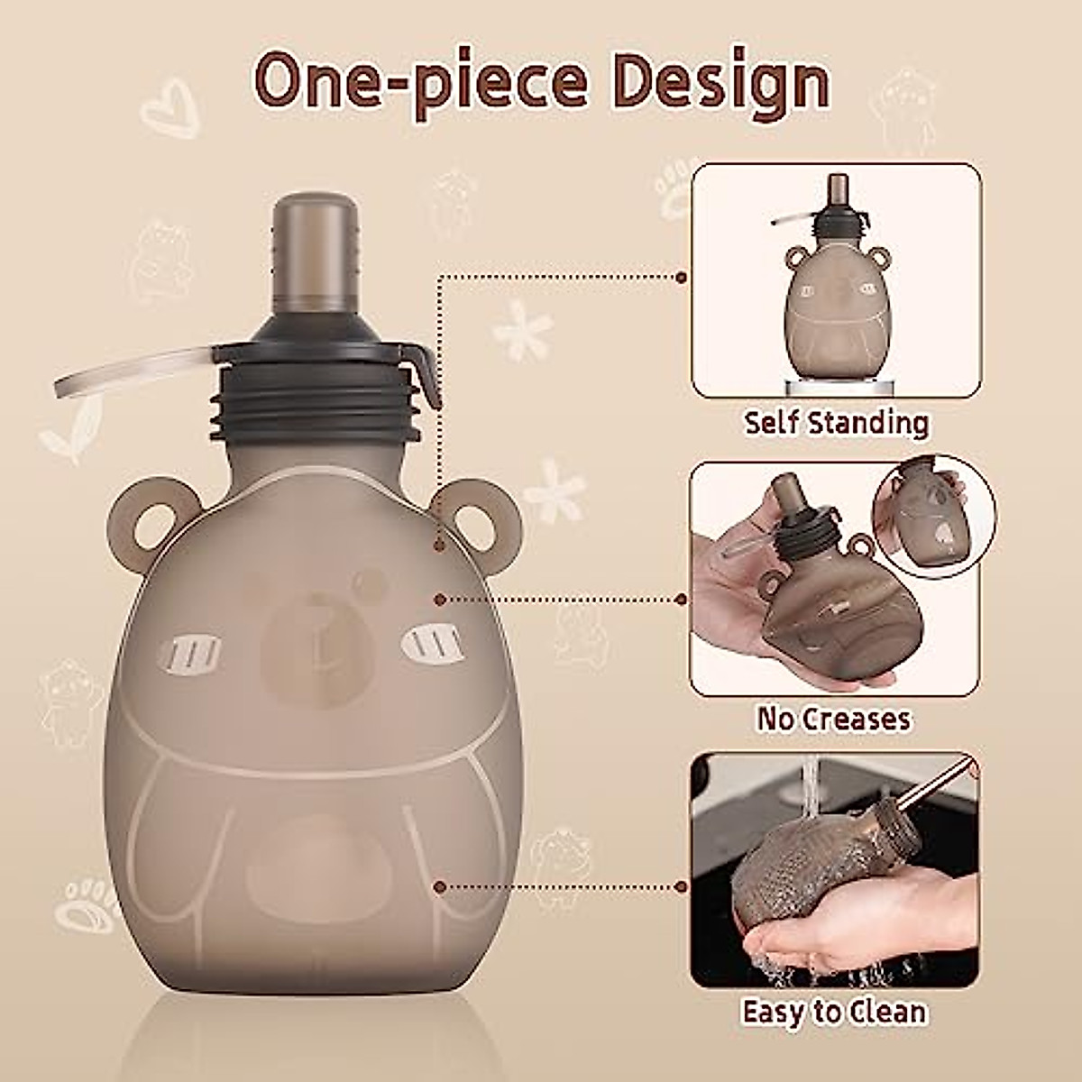 haakaa Happii Bear Reusable Pouches for Baby Food,Refillable Pouches for Toddlers, Reusable Squeeze Pouches for Kids,for Fruit Puree,Yogurt,Smoothies...2 Pack 6 oz/170ml, 6 Months+