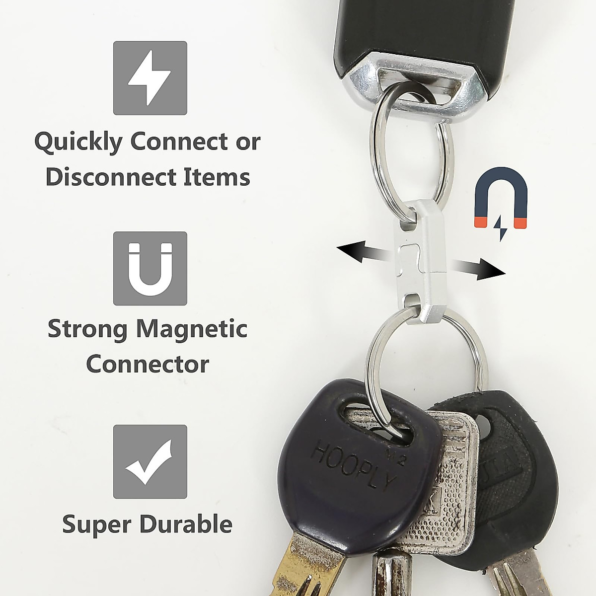 JEINAPA 2Pack Aluminum Magnetic Quick Release Keychain, Detachable & Portable Key Holder for Bags, Purses & Belts, Silver＆Black (Square Corner)