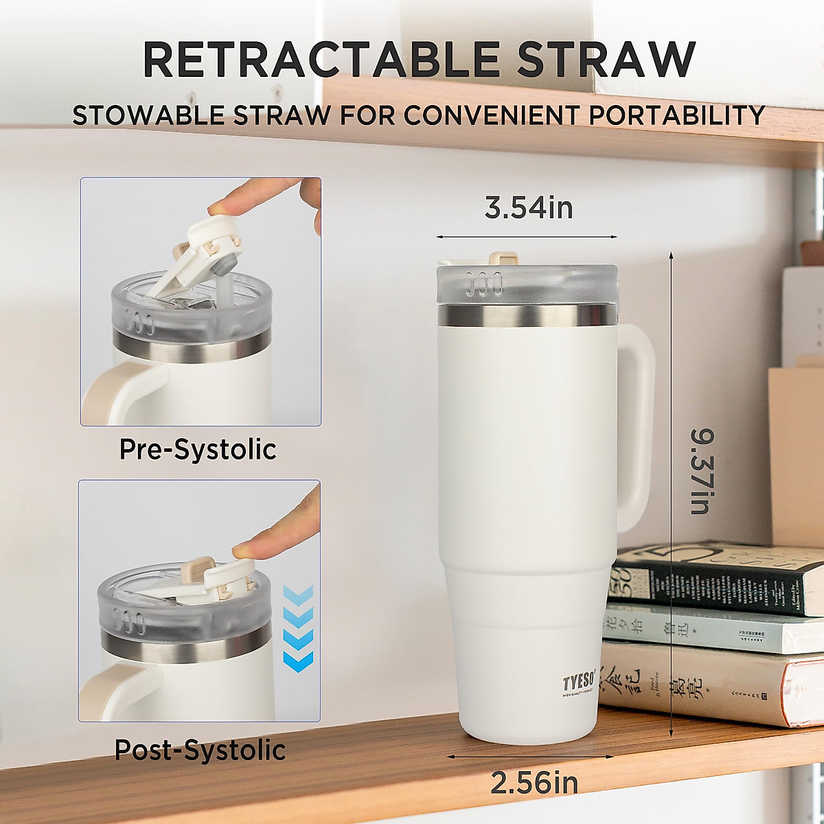 Tyeso 30 oz Tumbler with Handle, Straw and Lid - Leak Resistant Insulated Stainless Steel Water Bottle, Car Cup Holder Friendly Travel Coffee Mug White - Gifts for Men & Women