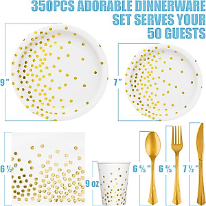 White and Gold Party Supplies, 350PCS Disposable Dinnerware Set w/White Paper Plates Napkin Cups Plastic Forks Knives Spoon for Women Men Birthday Easter Retirement Engagement Graduation Decorations