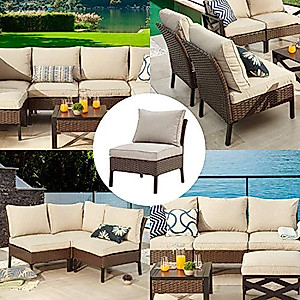 PatioFestival Rattan Armless Chair Wicker Patio Chairs Non-Armrest Sofa with Cushion Outdoor Metal Frame Furniture for Garden Porch Poolside Balcony