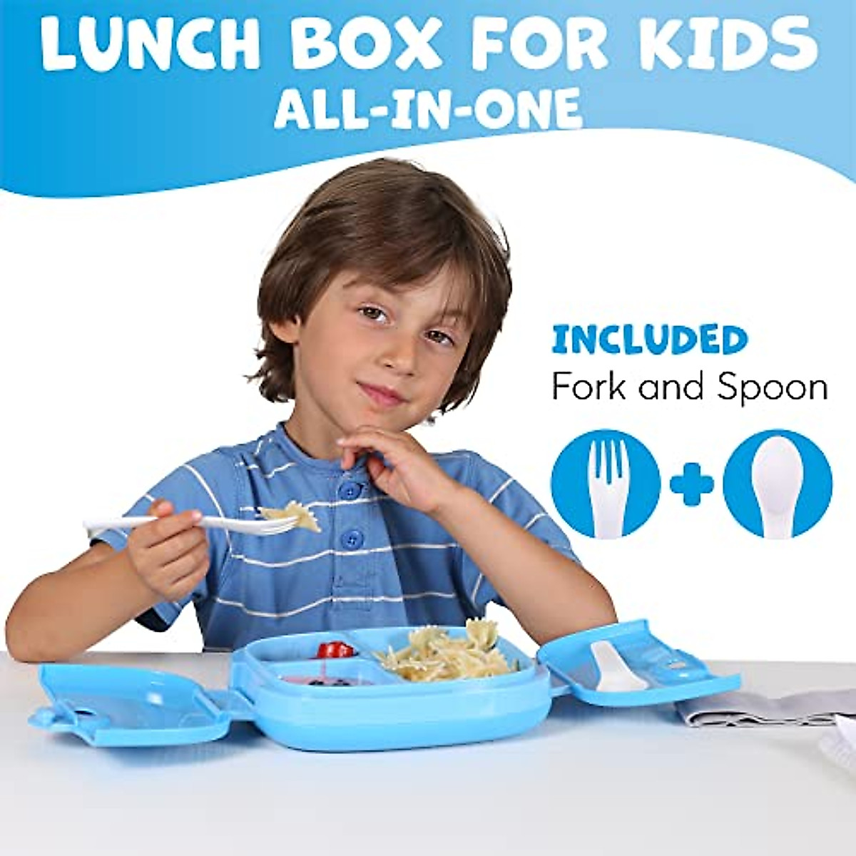 Umami Bento Lunch Box KIDS with Cutlery, Leak-Proof, Easy to Clean, 3 Compartments Bento Box for Kids, Ideal Portion Sizes for Ages 4 to 12, for Boys & Girls, Microwave, Dishwasher & Safe, BPA-Free