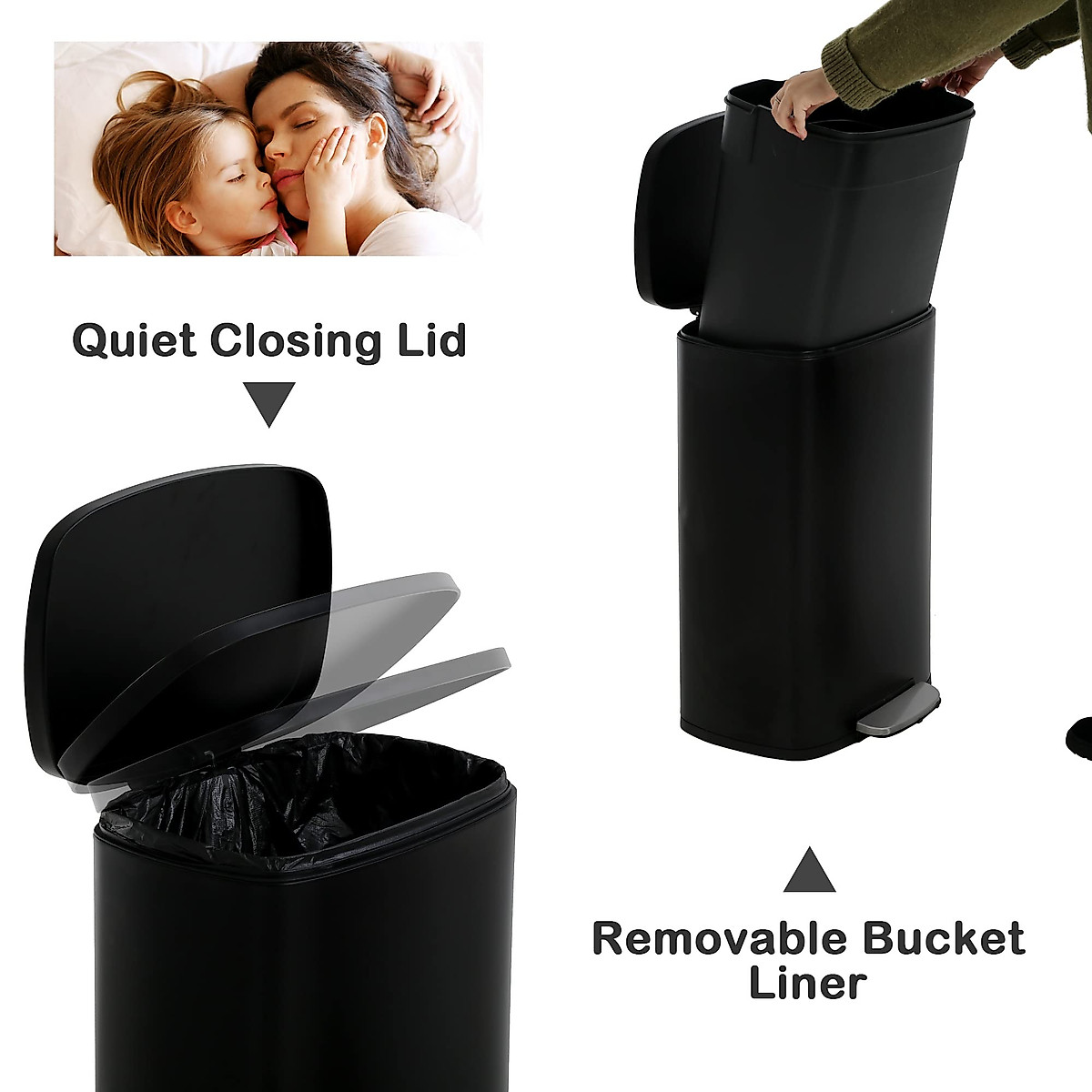 50L Stainless Steel Kitchen Trash Can with Lid, Foot Pedal, Plastic Bucket, Soft Close Lid, Fingerprint Resistant, Odor Proof, Black