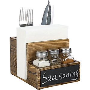 MyGift 4 Piece Set Rustic Brown Solid Wood Napkin and Salt & Pepper Shaker and Flatware Holder Caddy with 4 Compartments, 3 Seasoning Jar Bottles and Chalkboard Label