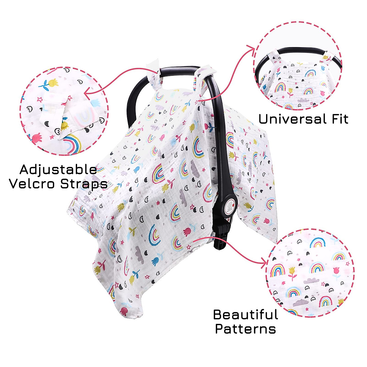 Muslin Baby Car Seat Canopy, Infant Carseat Cover, Lightweight Breathable Soft for Babies Girls Shower Gift (Rainbow)