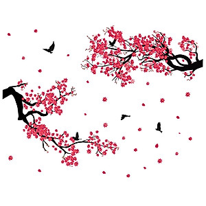 WOYINIS 3D Cherry Blossom Wall Stickers, Tree Branch Birds and Falling Flowers Petals Wall Decals, Peel & Stick Women Girls Bedroom Wall Decals Stickers Art for Living Room Bedroom Office Wall Decor