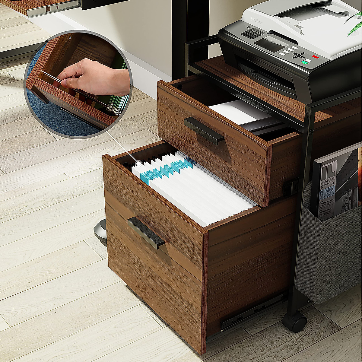 EUREKA ERGONOMIC Rolling File Cabinet with Bag for Home Office,File Cabinet 2 Drawers, Under Desk Rolling File Cabinet, Wood Filing Cabinet, Printer Stand with Storage,Walnut