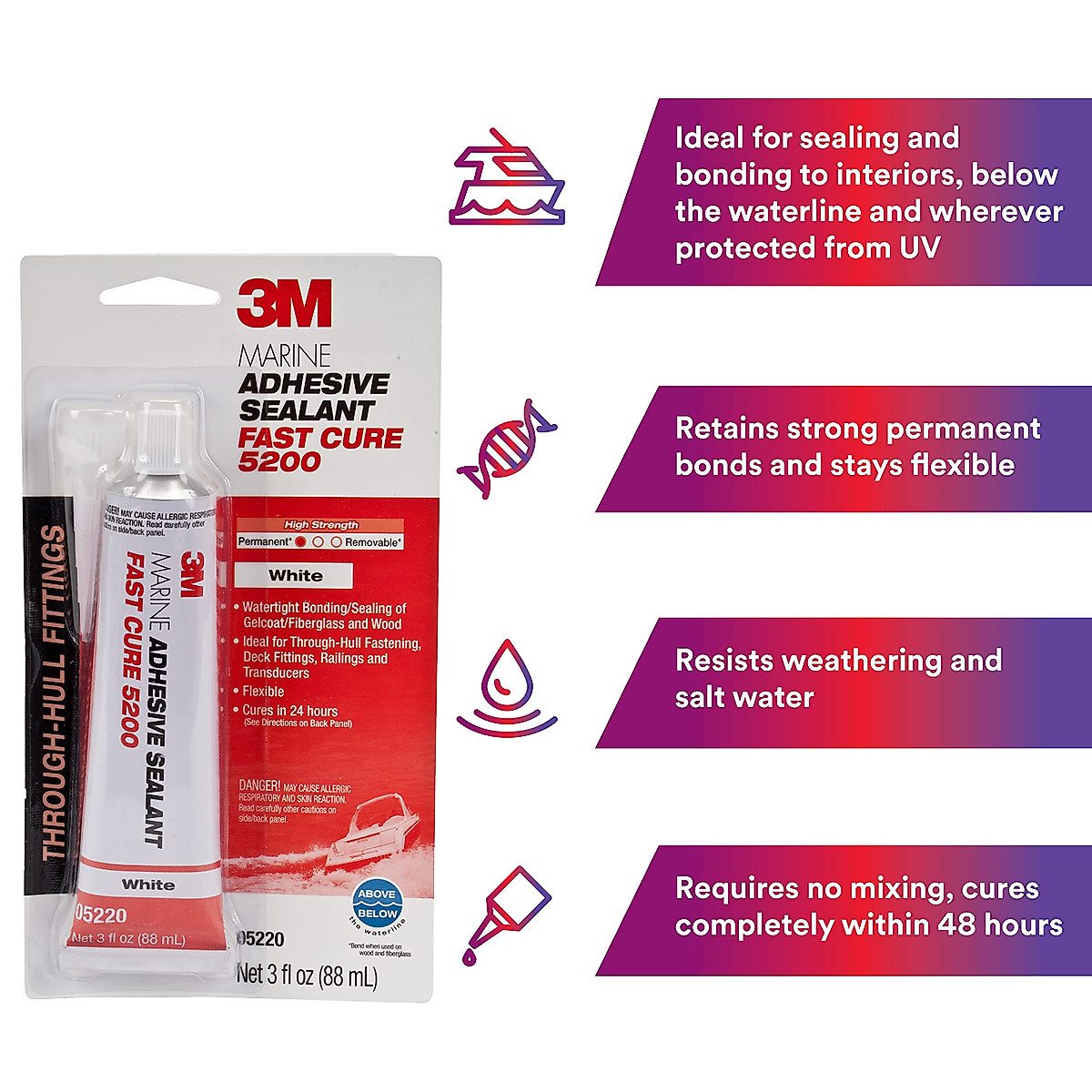 3M Marine Adhesive Sealant Fast Cure 5200 (05220) Permanent Bonding and Sealing for Boats and RVs Above and Below the Waterline Waterproof Repair, White, 3 fl oz Tube