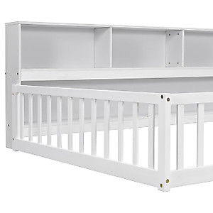 ROCKINGRUN Montessori Floor Bed with Bedside Bookcase and Safety Guardrails, Full Size Solid Pine Wood Floor Bed Frame with Fence, for Kids, Girls, Boys, Child Bedroom, Kids Playroom (White)