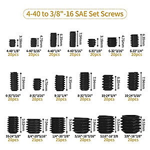 VIGRUE 390Pcs #4-40 to 3/8"-16 SAE Hex Allen Head Socket Set Screws Grub Screw Bolts Assortment Kit, Carbon Steel Internal Hex Drive Cup-Point Screws with 7pcs Hex Wrenches