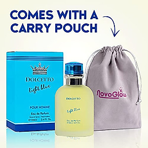 Dolcetto Light Blue for Men - 3.4 Fl. Oz. 100ml Men's Perfume with NovoGlow Carrying Pouch - Refreshing Combination of Woody Floral & Aquatic Fragrance - Scent Lasts All Day A Gift for Any Occasion