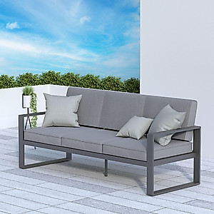 May in Color Aluminum Patio Furniture Sofa, Outdoor Modern Metal Contemporary 3-Seat Couch Chair with Cushion, Grey