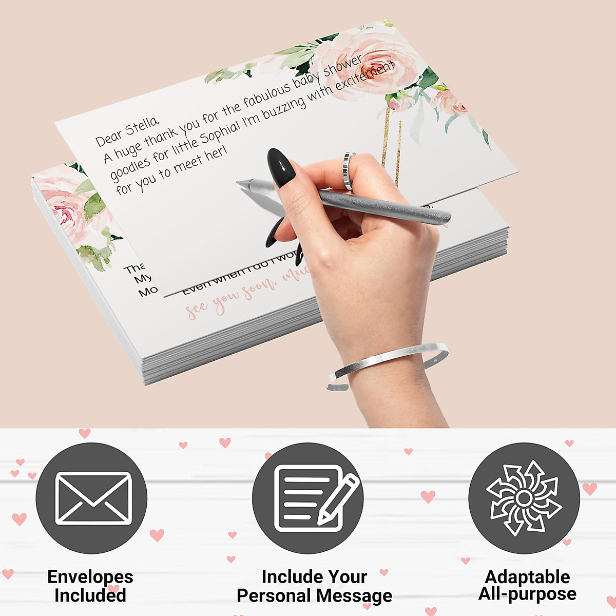 Paper Clever Party Graceful Floral Baby Shower Thank You Cards with Envelopes - 25 Pack - 4x6 Blank Notes with Prefilled Message from Baby Girl - Blush and Greenery Design