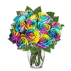 From You Flowers - One Dozen Wild Rainbow Roses with Glass Vase (Fresh Flowers) Birthday, Anniversary, Get Well, Sympathy, Congratulations, Thank You