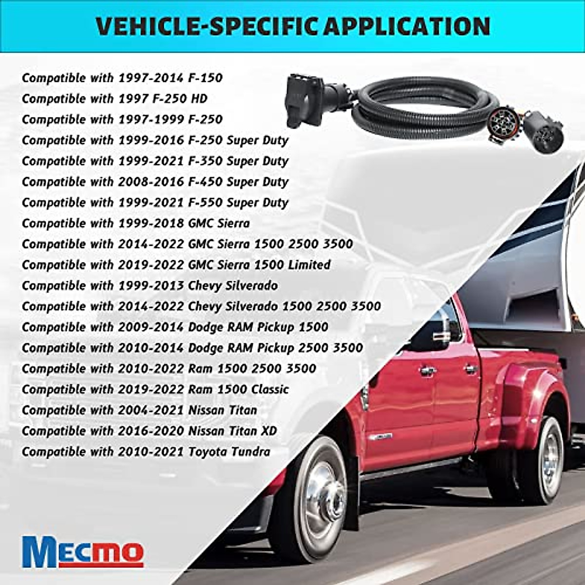 MECMO Truck Bed 7-Pin Trailer Wiring Harness Extension 7ft for Chevy Silverado, for Ford F150 F250 F350, GMC Sierra, GM, Ram 1500 2500 3500, Nissan Titan, Toyota Tundra, 5th Wheel or Gooseneck Trailer