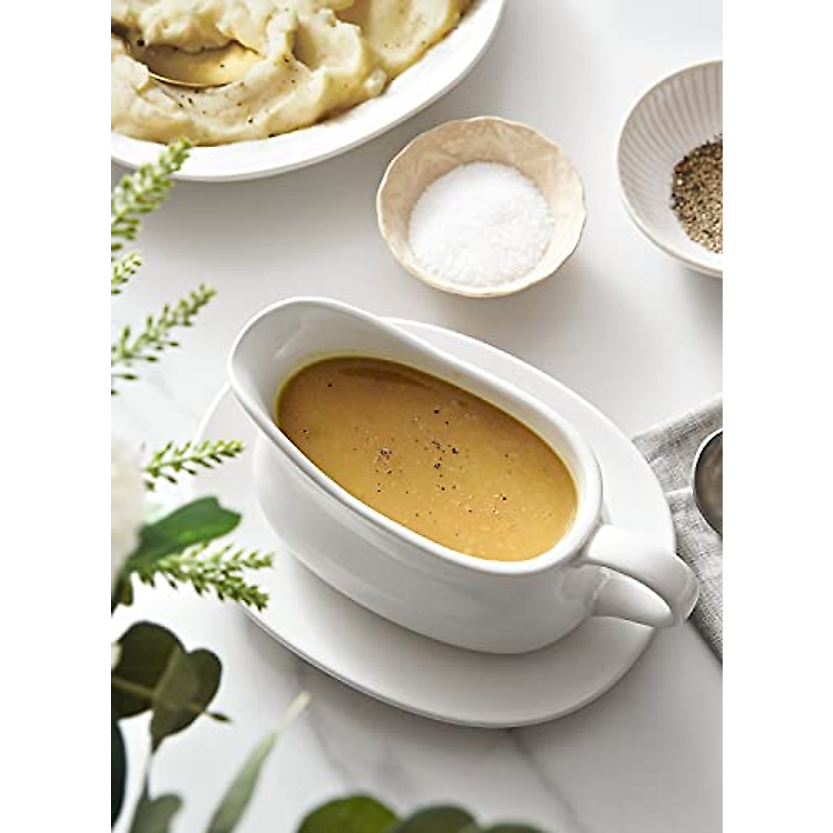 LE TAUCI 17oz Gravy Boat with Saucer Stand, Set of 2, Ceramic Sauce Boat with Tray for Salad Dressings, Creamer, Broth, Black Pepper, White