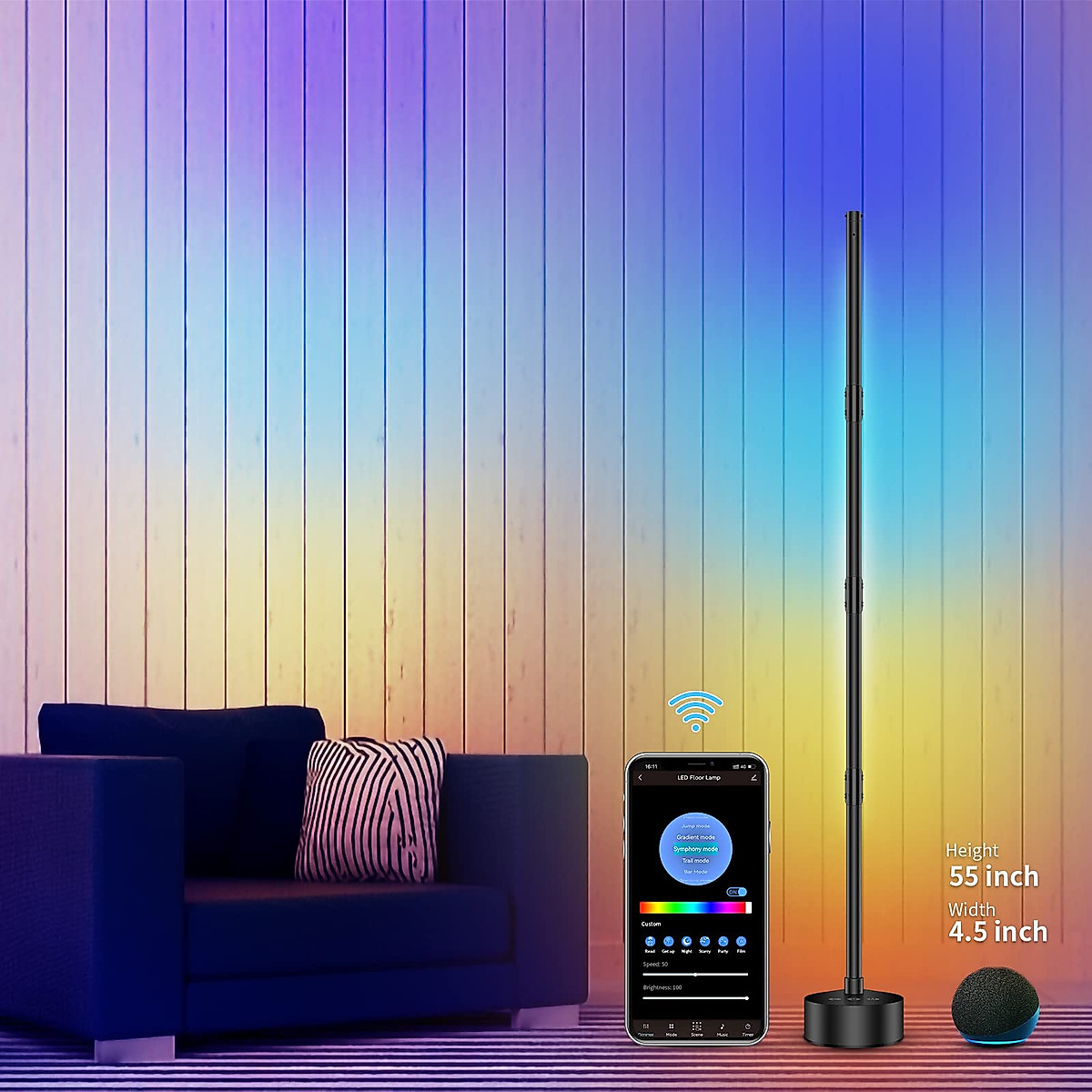 Skenia LED Corner Floor Lamp, RGB+Warm White Corner Lamps Floor Lamps, 16 Millions Color Changing Ambient Corner LED Light with Music Sync, Smart App and Voice Control Compatible with Alexa Mood Light