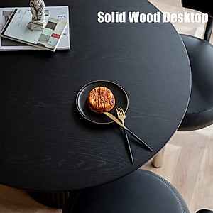 Topjia Pine Wood Round Dining Table,Simplicity Wooden Pedestal Base Kitchen Table,Leisure Coffee Table Restaurant Furniture Dining Room Table (35.4" L x 35.4" W x 29.5" H, Black)