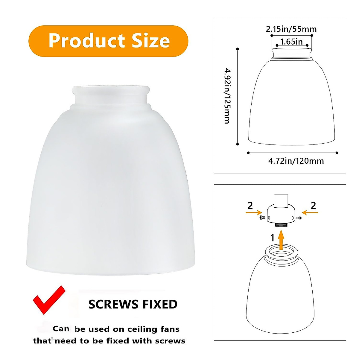 YOUROKE 4-Pack Ceiling Fans Glass Shade Covers, Lampshade Replacements Bell Shaped White Frosted Glass, 1.65 In Fitter 5 In Height, Glass Shade Replacement for Chandelier Wall Sconces Lights