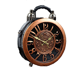 Alarm Clock Handbag Real Working Women Fashion Diagonal Shoulder Bag Leather Vintage Clock Round Box Personalized SteamPunk Style Messenger bag (A)