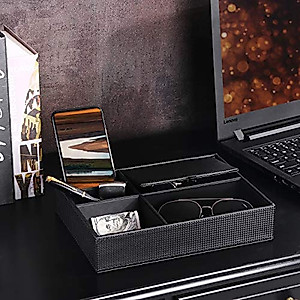 BEWISHOME Mens Valet Tray Dresser Organizer Nightstand Organizer for Mens Accessories Jewelries, Carbon Fiber Faux Leather, Black SSH06C