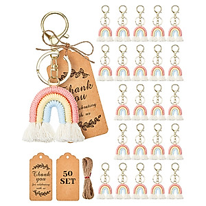 Huquary 72 Pcs Boho Keychain Set 36 Pcs Macrame Rainbow Keychains Weaving Rainbow Tassel Keychains 36 Thank You Tag for Birthday Wedding Party Favors Baby Bridal Shower Bohemian Party Supplies