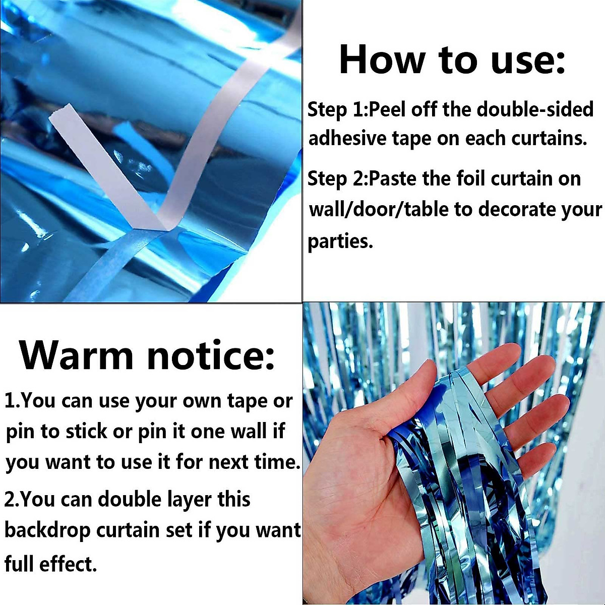 HalloweenDecorate 4 Pack Light Blue Foil Fringe Curtain Backdrop, 3.28Ftx8.2Ft Metallic Tinsel Streamer Curtains for Party, Photo Booth Props, Birthday, 2022 Graduation Decoration Party Supplies