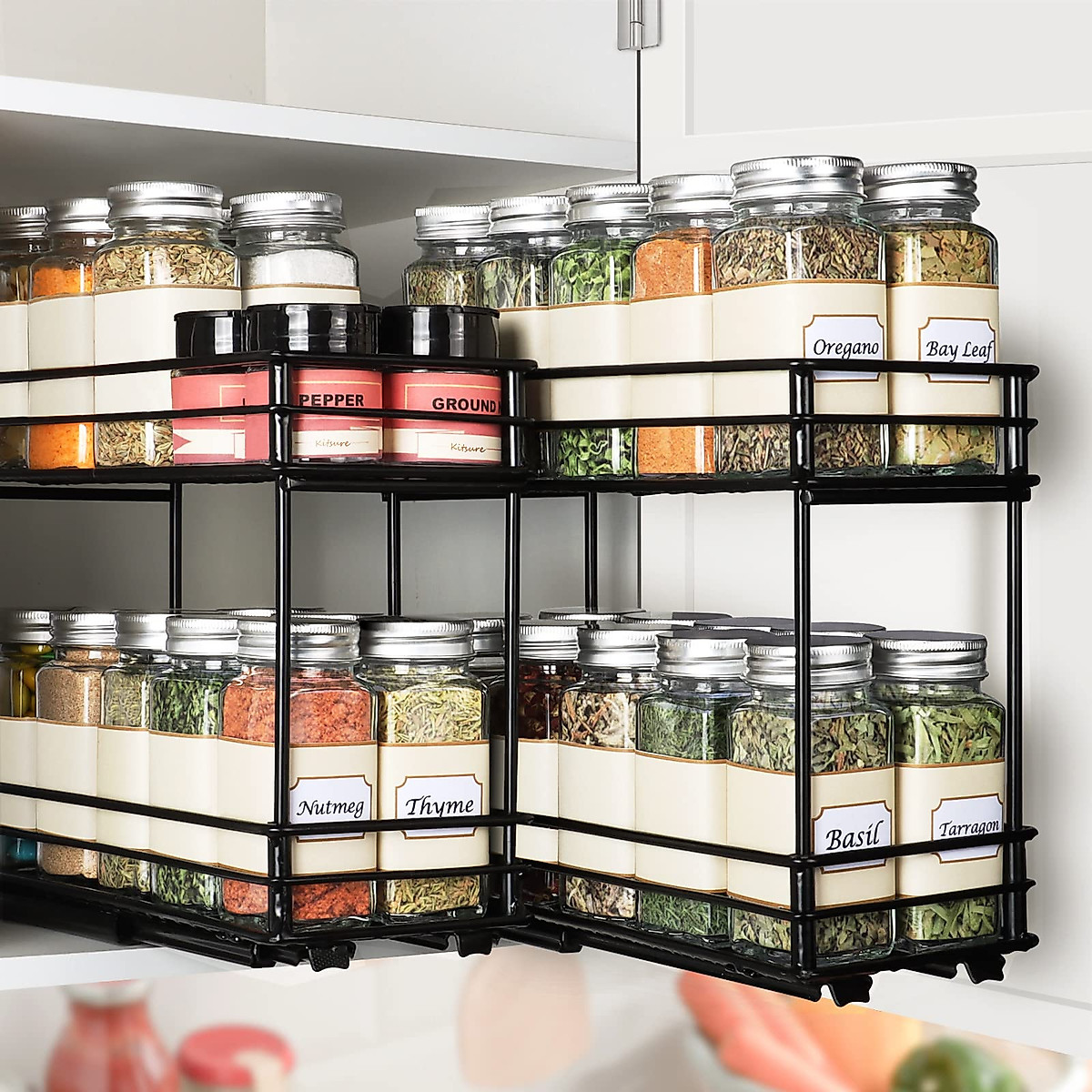 Kitsure Spice Rack Organizer for Cabinet - 2 Packs, Easy-to-Install Pull Out Spice Cabinet Organizers, 4.33''Wx10.23''Dx8.54''H Slide Out Spice Racks