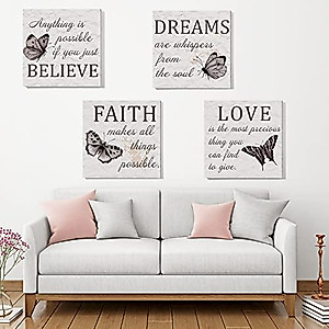 4 Pcs Inspirational Quotes Butterfly Wall Art Faith Love Dreams Believe Canvas Wall Decor Grey Butterfly Canvas Bathroom Decor Motivational Wall Pictures for Living Room Decor Bedroom, 12 x 12 Inches