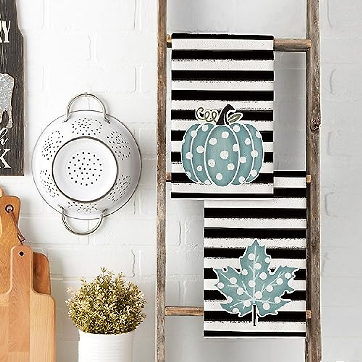 Artoid Mode Blue Polka Dot Stripes Maple Leaves Fall Kitchen Towels Dish Towels, 18x26 Inch Seasonal Hello Pumpkin Decoration Hand Towels Set of 3