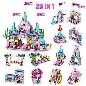 U & I Direct Building Blocks Set Toy for Girls, 25 in 1 Pink Princess Castle Building Bricks, 568 PCS STEM Construction Building Blocks Toys Set for Birthday for Kids Aged 6 7 8 9 10 11 12 Yr Old