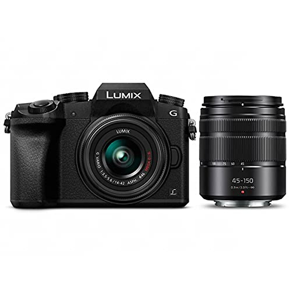 Panasonic Lumix DMC-G7 Mirrorless Camera with Lumix G Vario 14-42mm and 45-150mm Lenses Lens, Black - Bundle with Camera Case, 64GB SDXC U3 Card, Spare Battery, Tripod, Software Package, and More