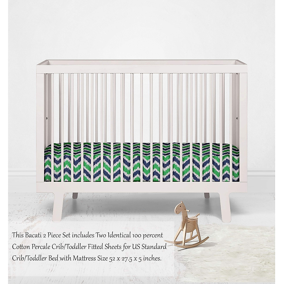 Bacati - 2 Pack Crib Fitted Sheets - Mix and Match Ikat Zigzag Chevron Soft Breathable 100% Cotton Percale Baby Sheets - Fits Standard 28 x 52 X 5 inches Crib & Toddler Mattresses(Navy Green)