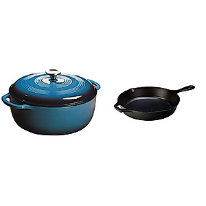 Lodge EC7D33 Enameled Cast Iron Dutch Oven, 7.5-Quart, Caribbean Blue & L8SK3 10-1/4-Inch Pre-Seasoned Skillet