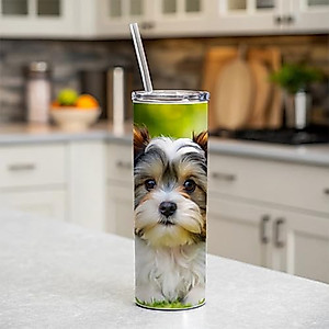 Biewer Terrier Dog Puppy Photo Skinny Tumbler 20oz with Straw Insulated Water Bottle Gift