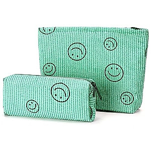 SANYETS Makeup Bag, Cosmetic Bags for Women, Travel Makeup Bag, Green Small Make Up Brush Pouch with Zipper, Corduroy Cute Cosmetic Toiletry Bag, Travel Essentials Aesthetic Preppy Stuff