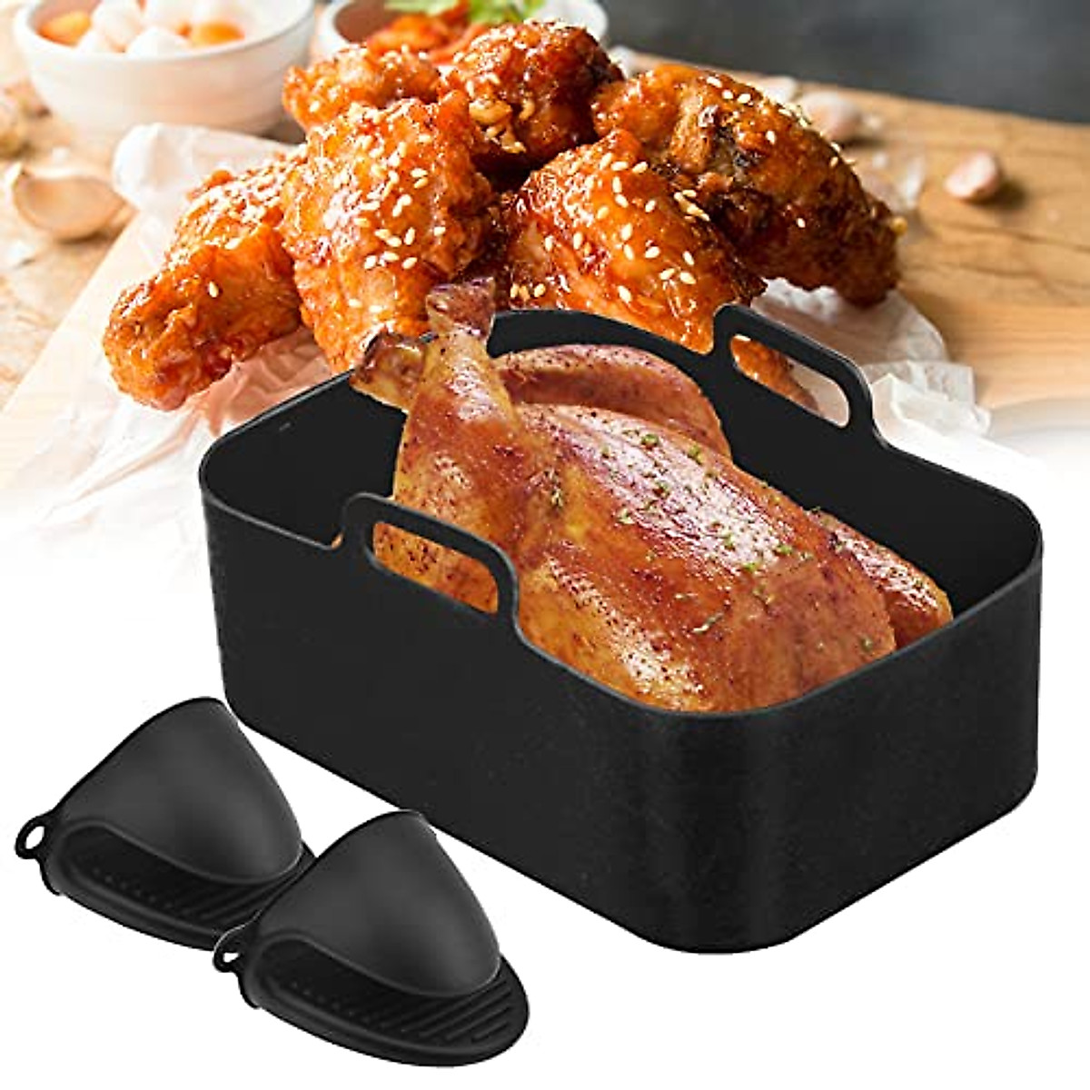 CALIDAKA Air Fryer Silicone Pot for Ninja Foodi Dual DZ201 DZ401, Reusable Silicone Air Fryer Liners, Rectangle Air Fryer Basket with Heat-Proof Gloves for Ninja 8 QT Air Fryers(Black)