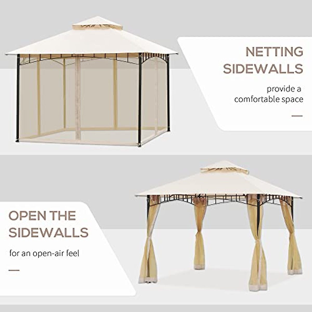 Outsunny 10' x 10' Outdoor Patio Gazebo Canopy Tent with Mesh Sidewalls, 2-Tier Canopy for Backyard, Beige